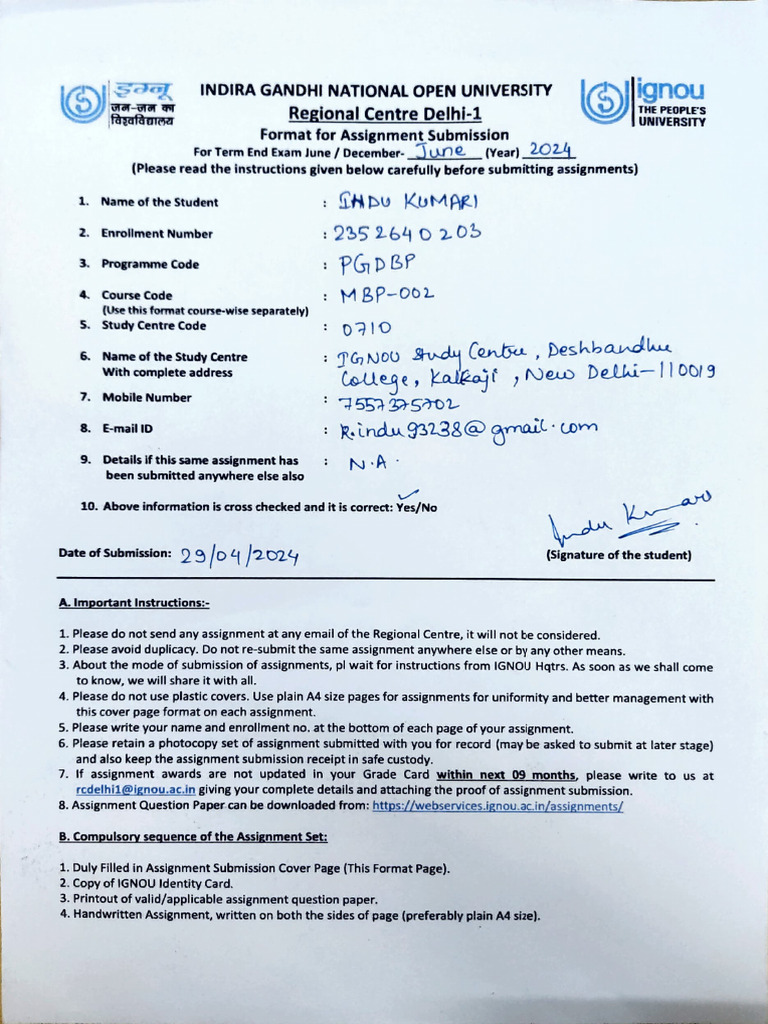 IGNOU Assignment Submission Guidelines | PDF | Computing