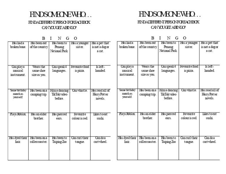 Bingo Sheet 1 | PDF | Animals And Humans