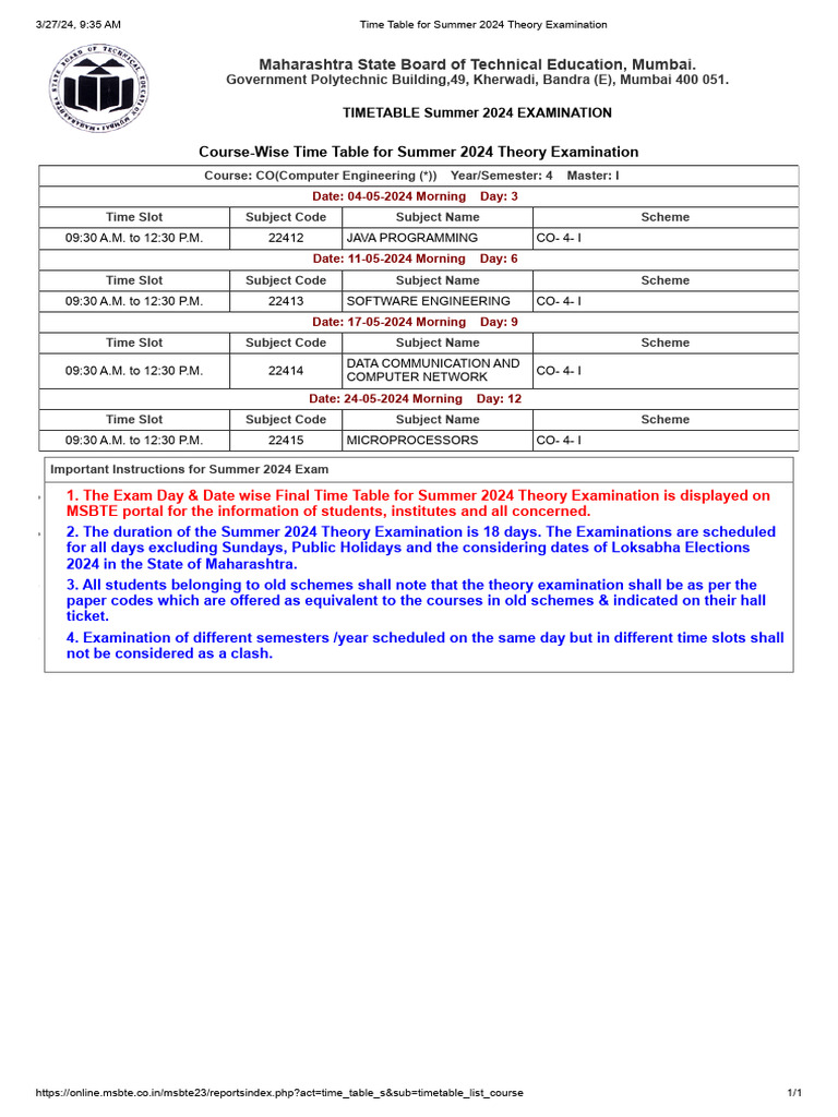 Time Table for Summer 2024 Theory Examination | PDF | Academic Term | Computer Engineering