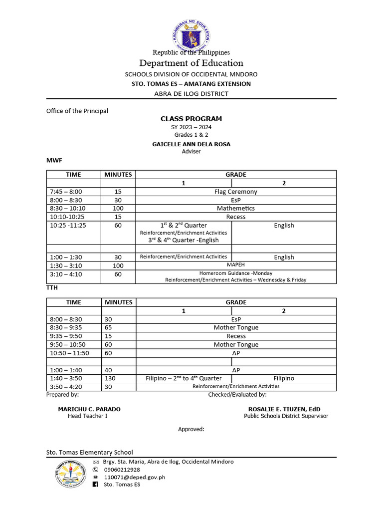Sto. Tomas ES Class Schedule 2023-24 | PDF | Educational Organizations | Educational Institutions