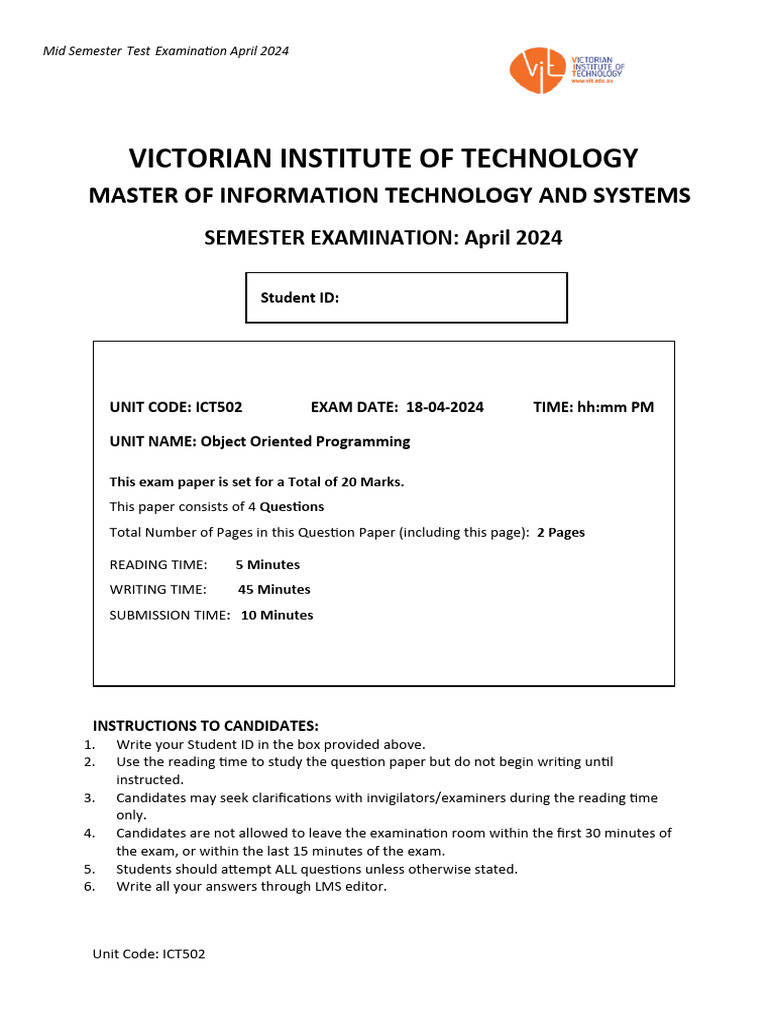 Mid Semester Test Question Paper ICT502 Sample | PDF | Constructor ...