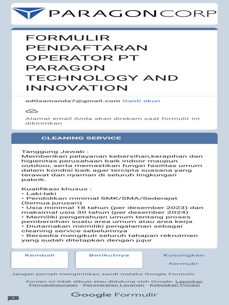 Formulir Pendaftaran Operator PT Paragon Technology and Innovation | PDF