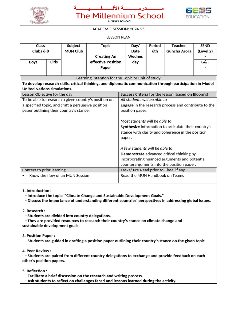 Lesson Plan - MUN Club | Download Free PDF | Lesson Plan | Critical Thinking
