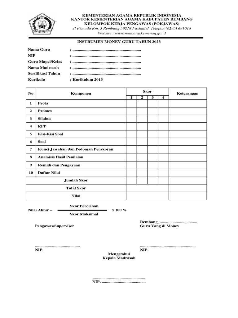 Instrumen Monev Guru Kurtilas1 | PDF