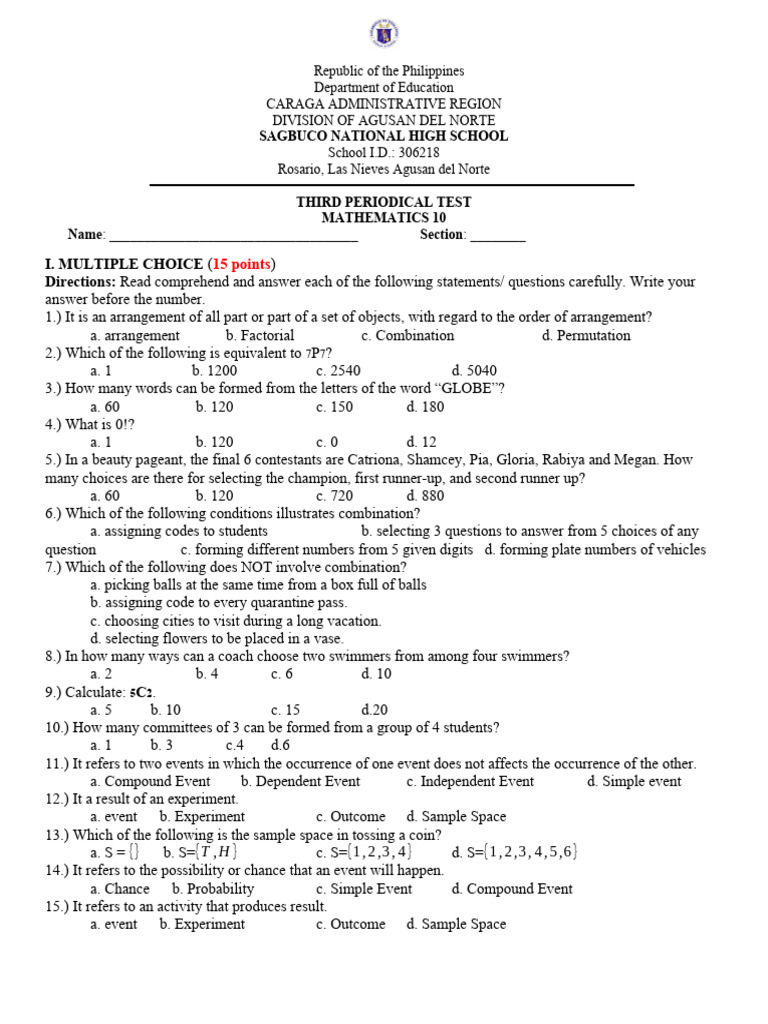 Math 10 _ 3rd Quarter Exam | PDF | Dogs | Probability Theory