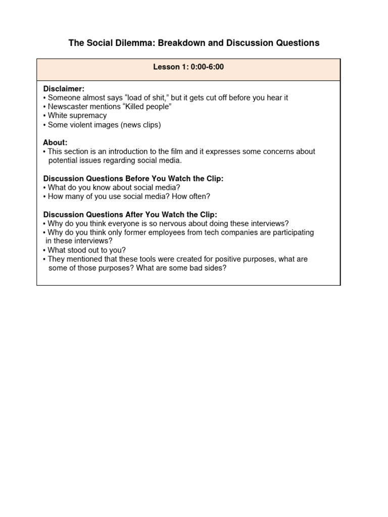 Breakdown and Discussion Question_Social Dilemma | PDF | Social Media ...