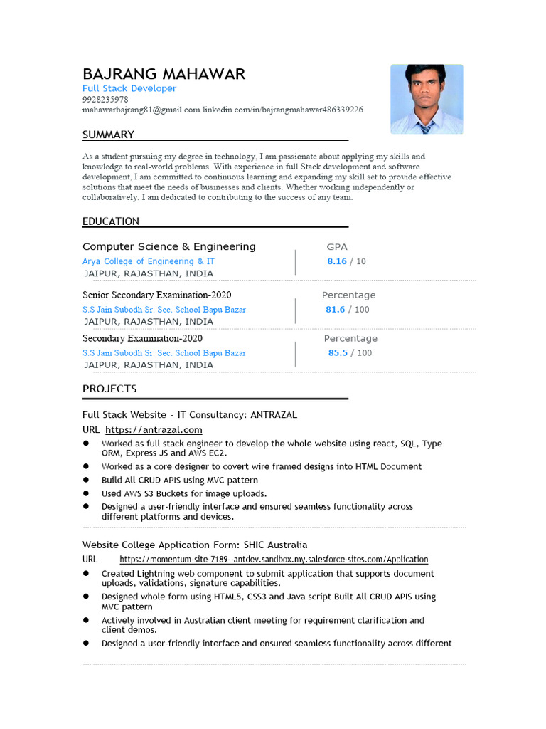 Bajrang Mahawar Resuma497 | PDF | Java Script | Web Development
