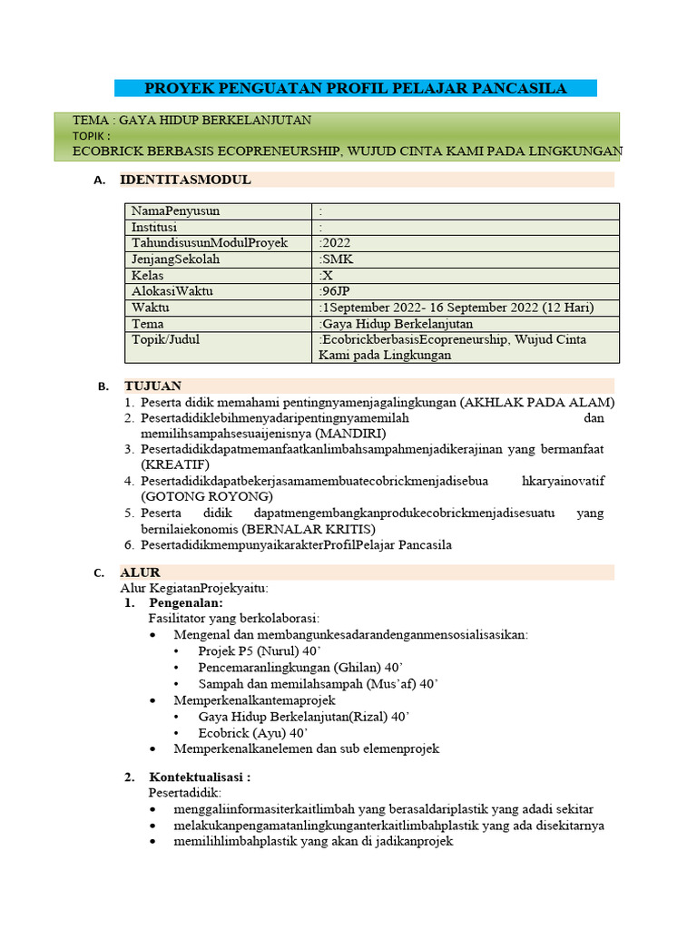 Modul P5 Tema 1 Ecobrick | PDF | Karier & Perkembangan