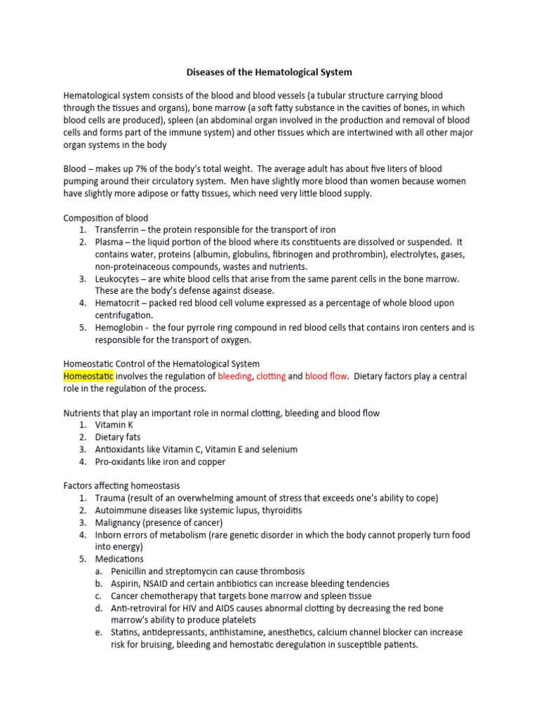 Hematological System Diseases Overview | PDF | Anemia | Blood