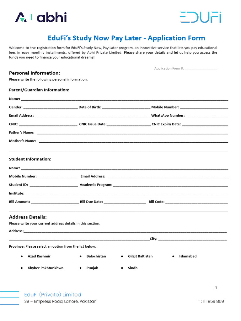 EduFi Study Now, Pay Later (SNPL) Application Form | PDF | Business
