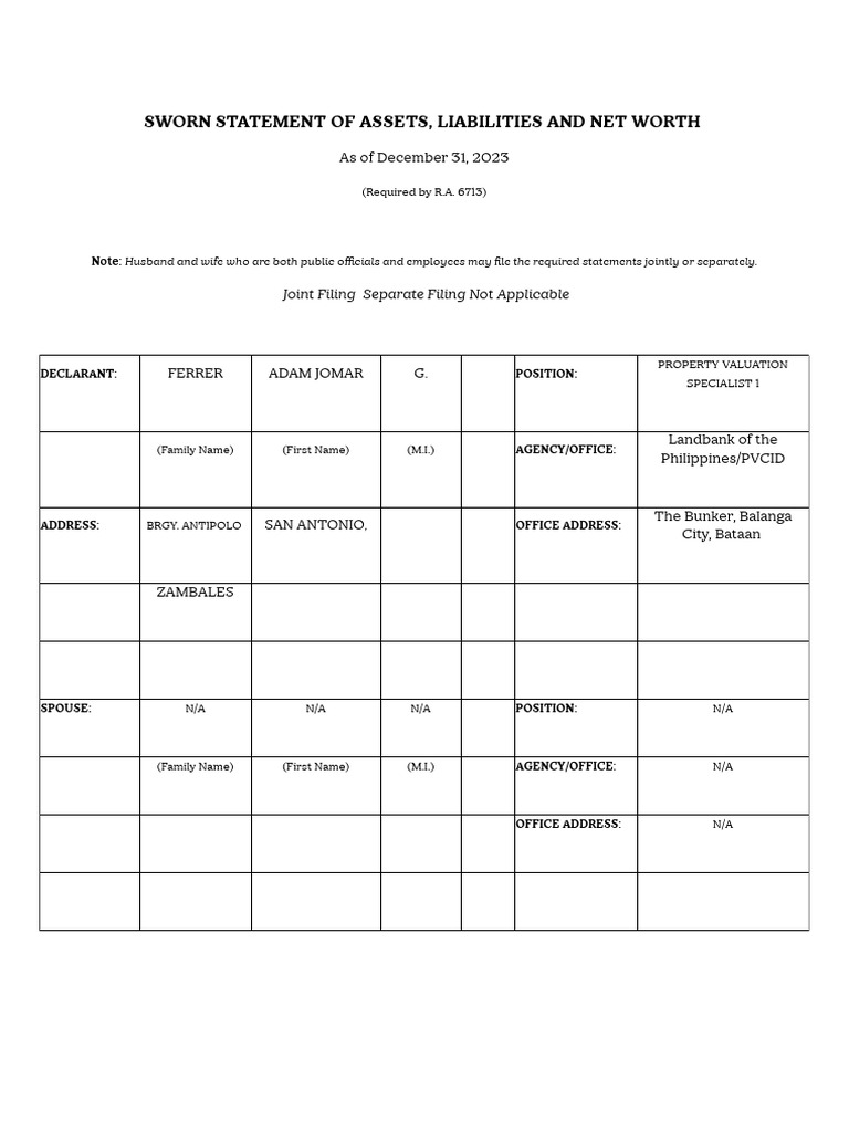 Saln2022form Aj Ferrer 2023 | PDF | Equity (Finance) | Private Sector