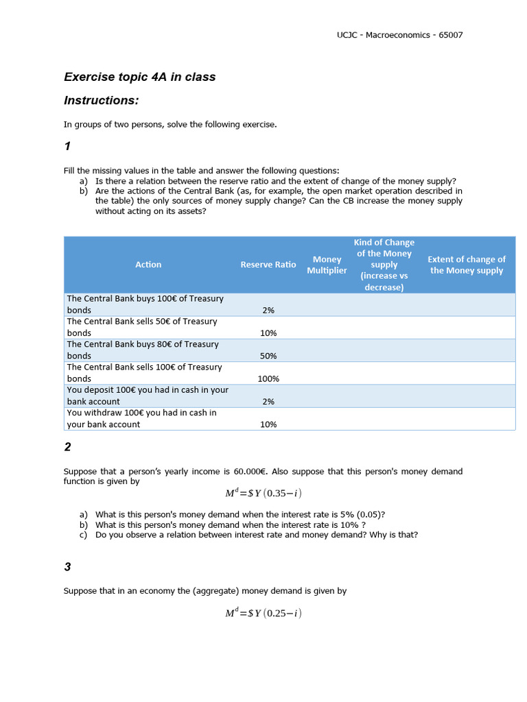 Macroeconomics Exercise on Money Supply | PDF | Money Supply | Interest