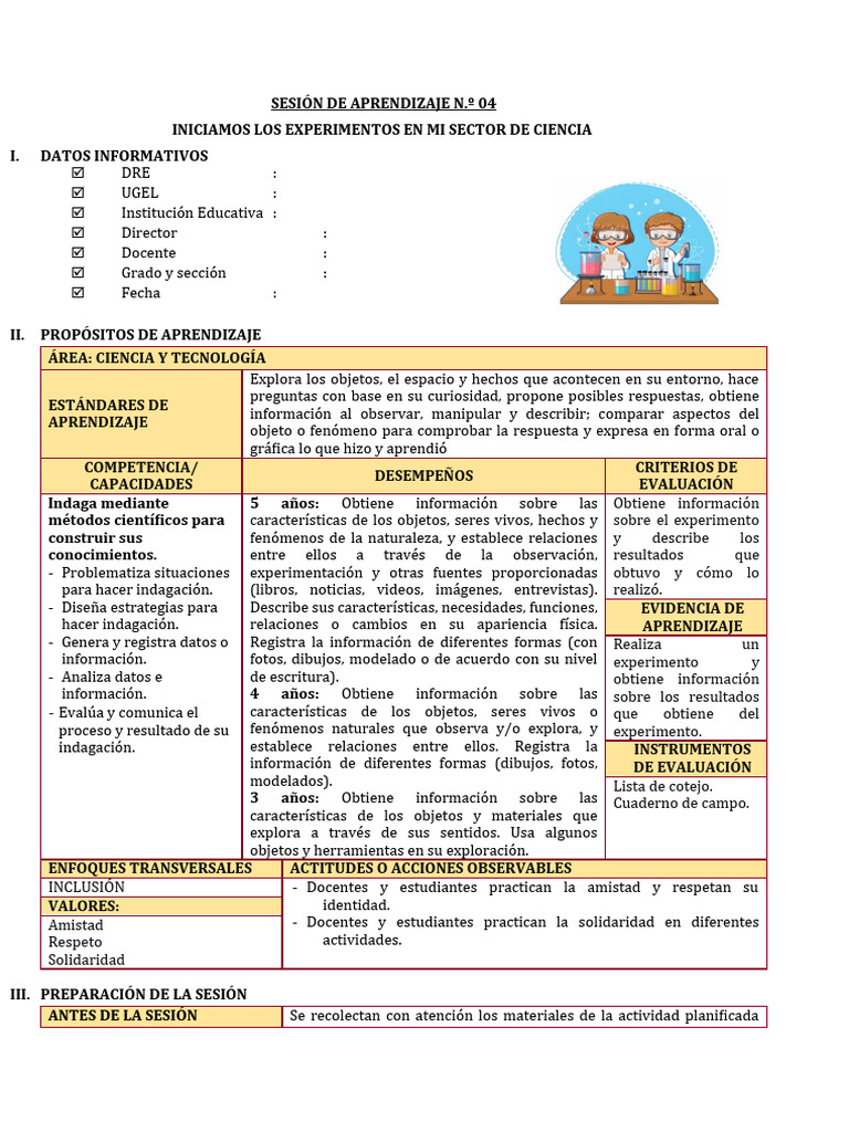 Sesión de Aprendizaje N 4 | PDF | Aprendizaje | Evaluación