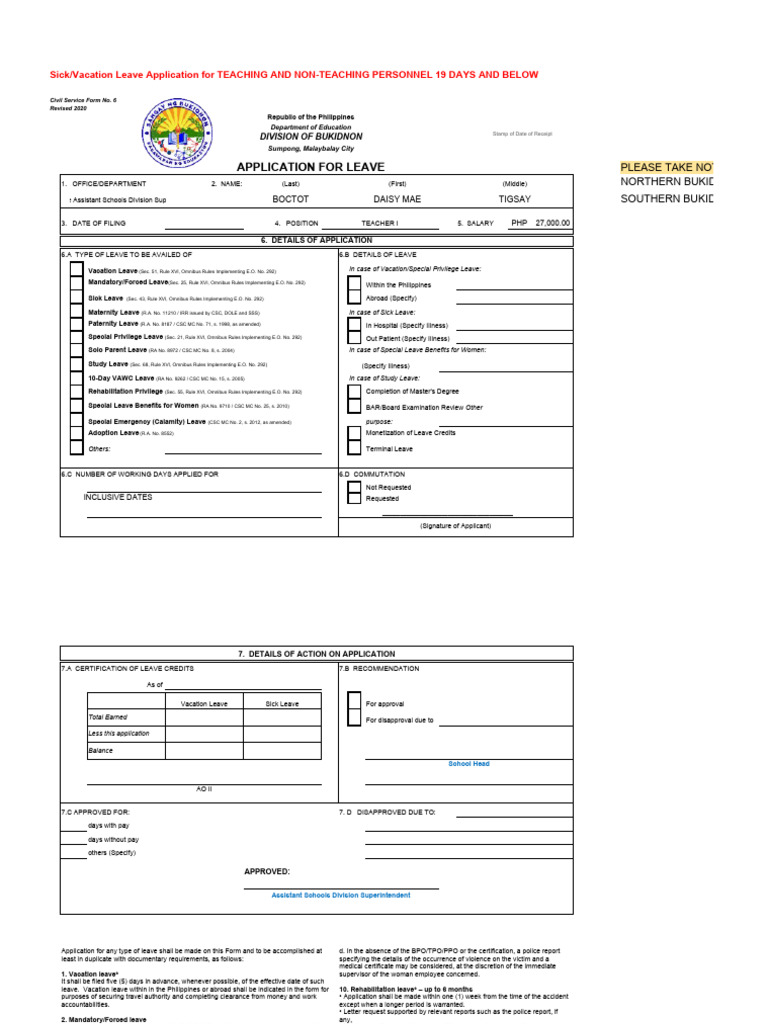 20.Form 6 Teaching and Non Teaching Personnel 19 Days and Below | PDF ...