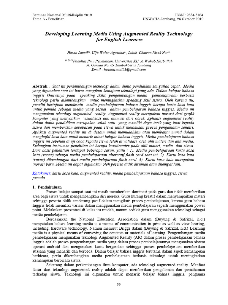 Developing Learning Media Using Augmented Reality Technology For English Learners | PDF