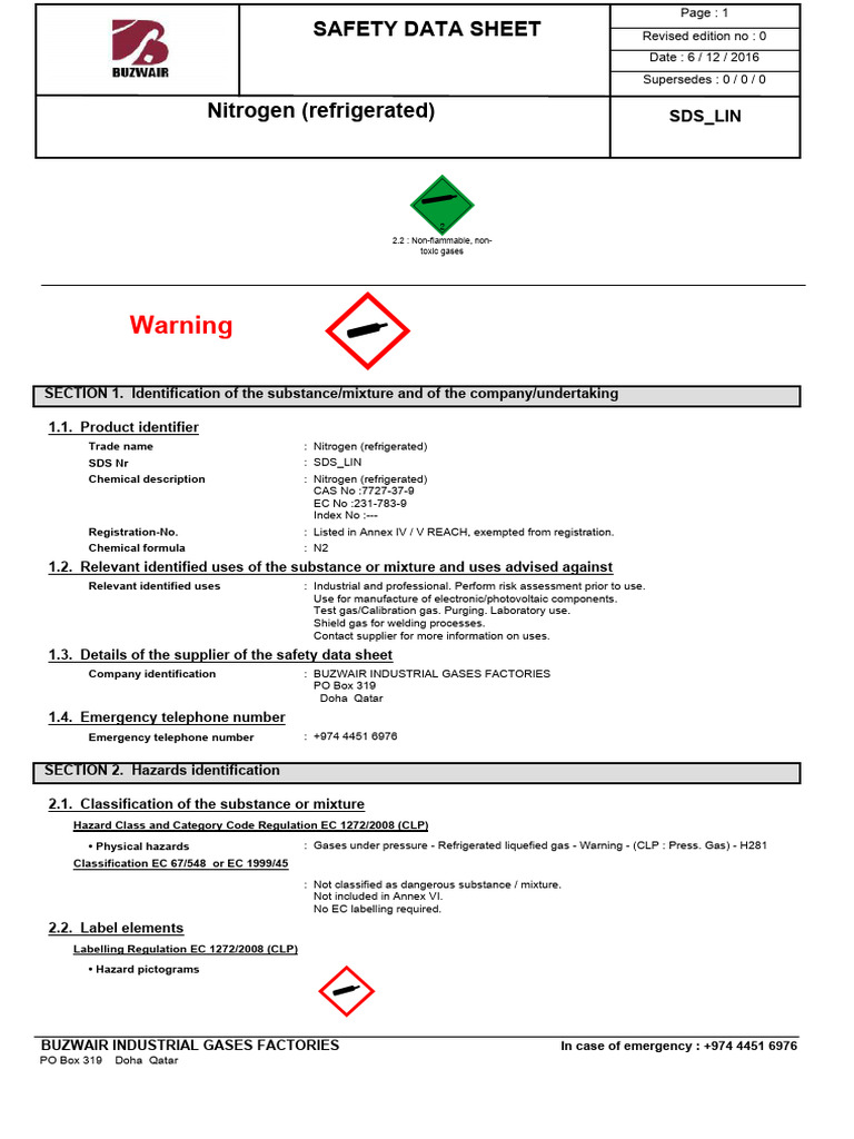 Msds Liquid Nitrogen | PDF | Materials | Chemistry
