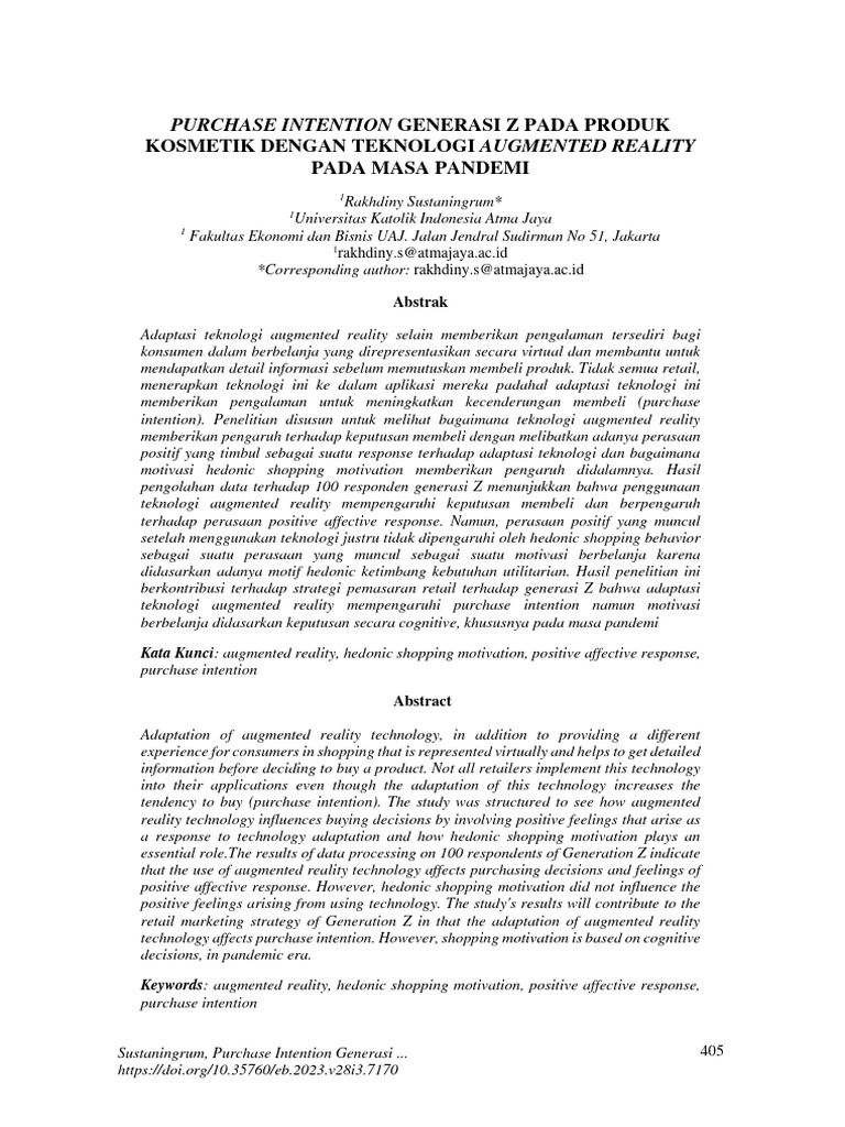 Purchase Intention Generasi Z Pada Produk Kosmetik Dengan Teknologi Augmented Reality Pada Masa ...
