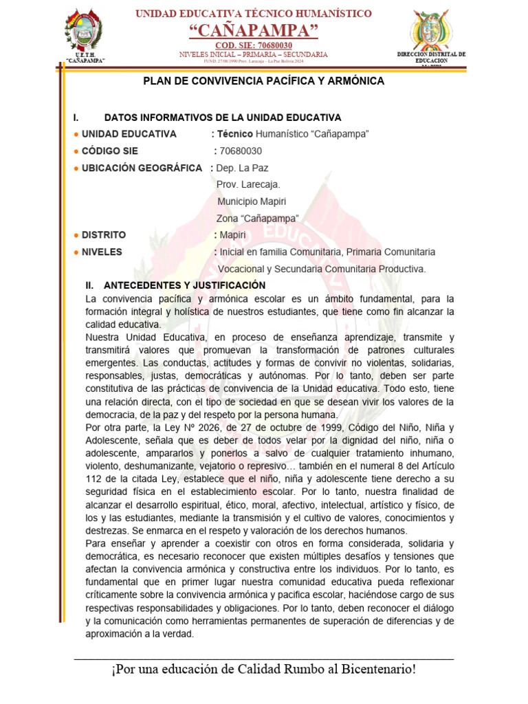 Plan de Convivencia Pacífica y Armónicau.e.t.h.c.2024 | PDF | Educación Secundaria | Bolivia
