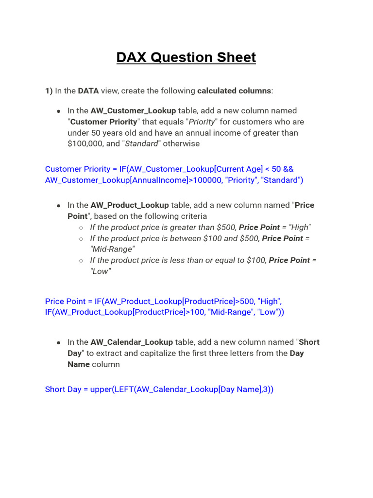 DAX Question Sheet | PDF | Economies