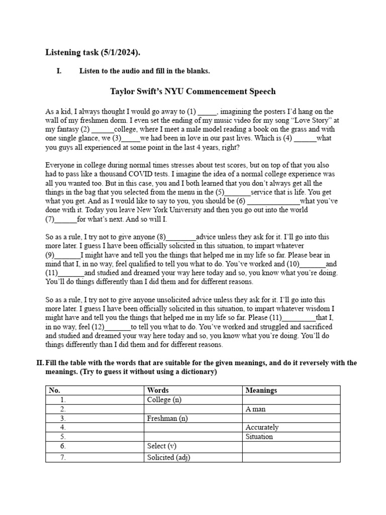 Taylor Swift's NYU Commencement Speech | PDF | Language Arts & Discipline