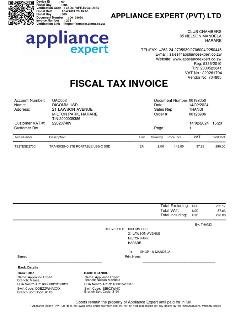 1 Invoice 00198050 20240426201907 | PDF | Value Added Tax | Invoice