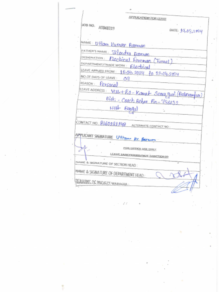 Uttam Barman Leave 11.04.24-04.05.24 | PDF Uttam Barman Leave 11.04.24-04.05.24 | PDF