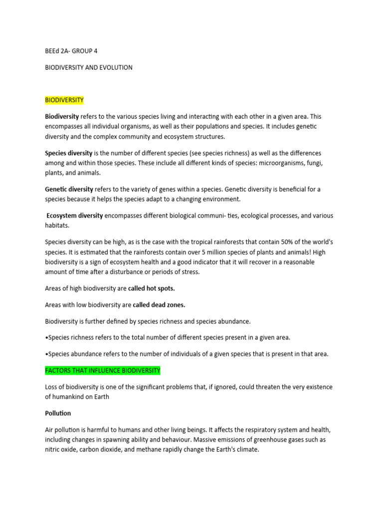 BEEd 2A Biodiversity Evolution 1 | PDF | Biodiversity | Evolution