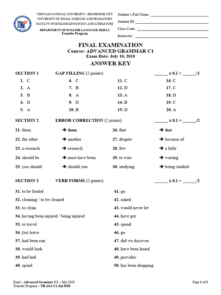 TR - Diagnostic - KEY | PDF | Language Mechanics | Syntax