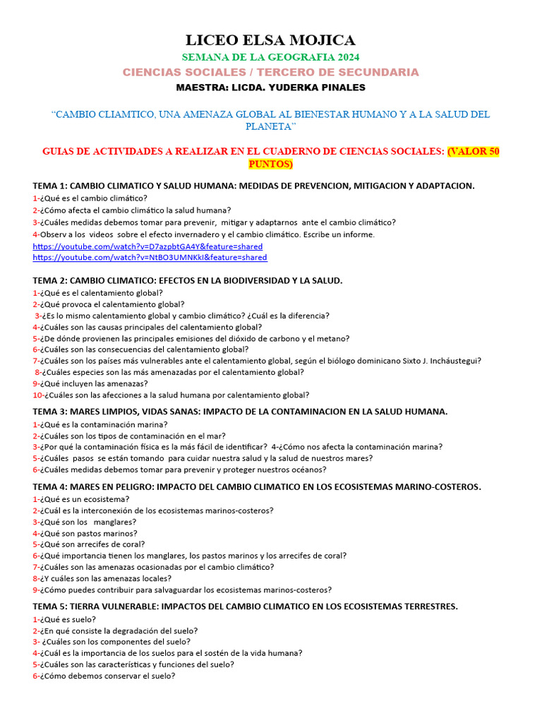 Actividades Semana de La Geografia y Pract. Final U6 (3ero. Sec.) Sociales | PDF | Cambio ...