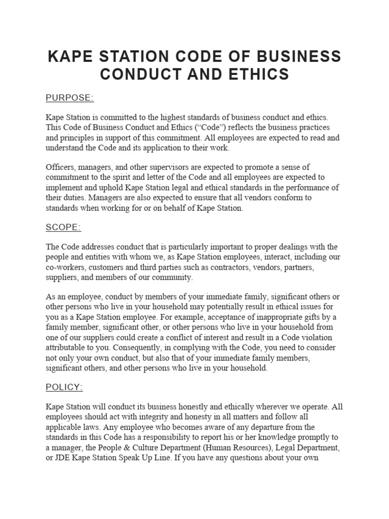 Kape Station Code of Business Conduct and Ethics | Download Free PDF ...