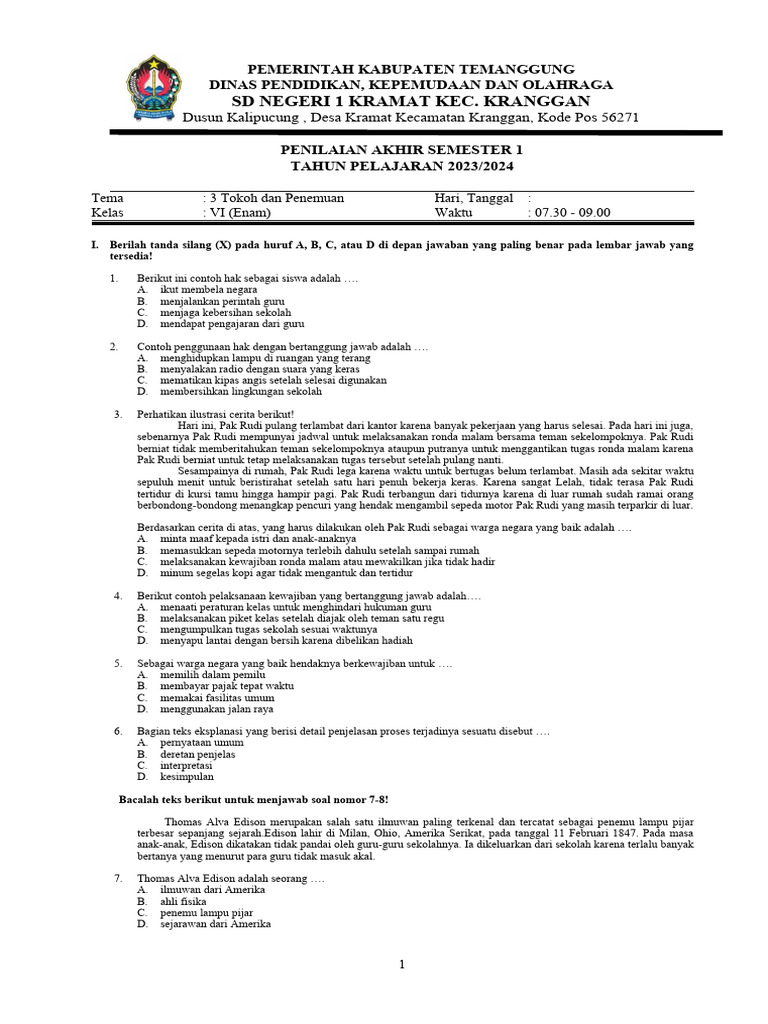 Soal Pas 1 Kelas Vi Tema 3 22-23 Fix | PDF | Kajian Bahasa Asing