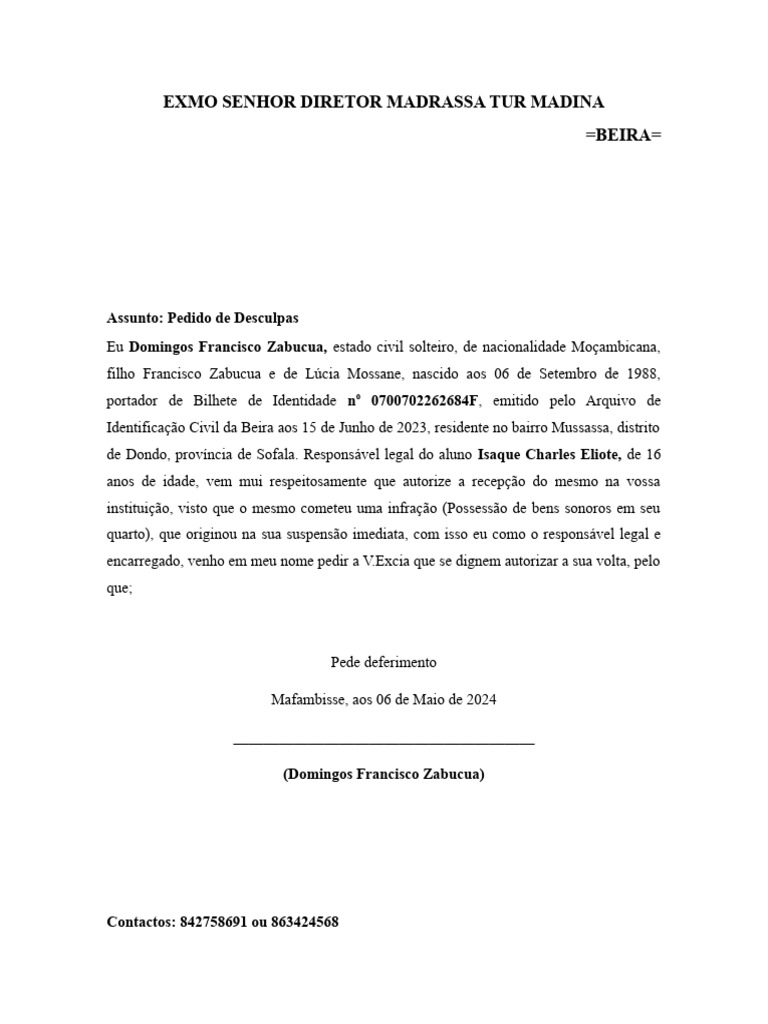 Exmo Senhor Diretor Madrassa Tur Madina | PDF