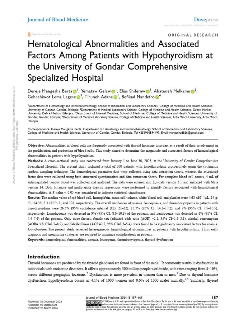 JBM 453015 Hematological Abnormalities and Associated Factors Among Pat | Download Free PDF ...