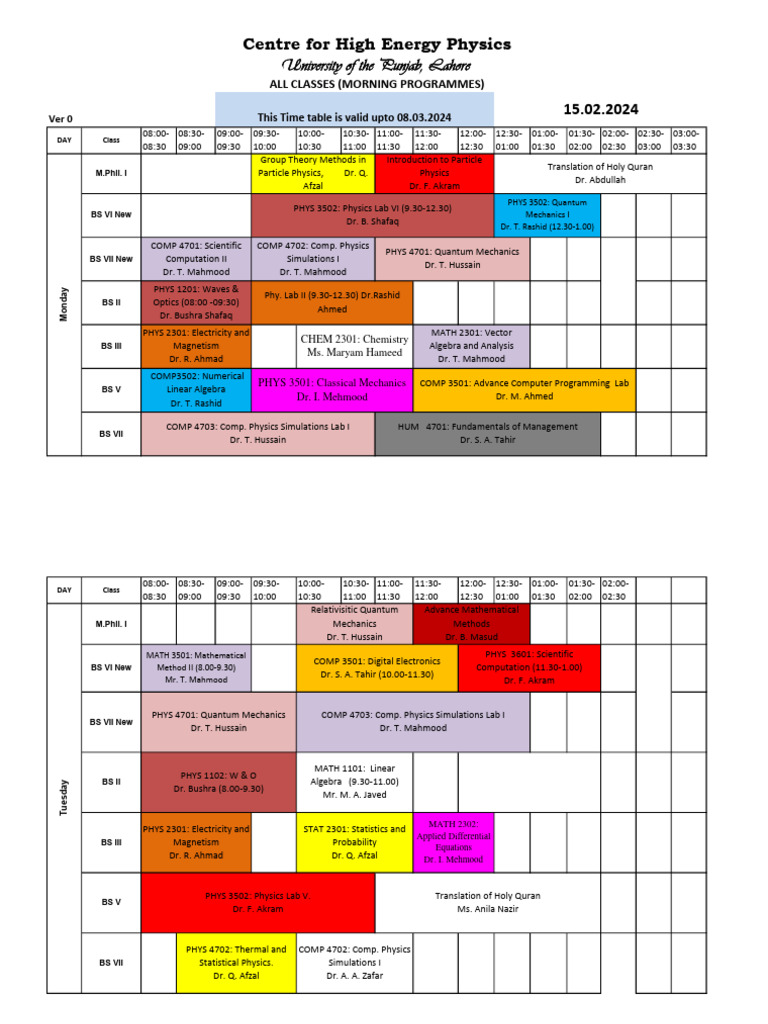 Timetable - verIII - Fall Spring - 2024 | PDF | Mathematics | Physics