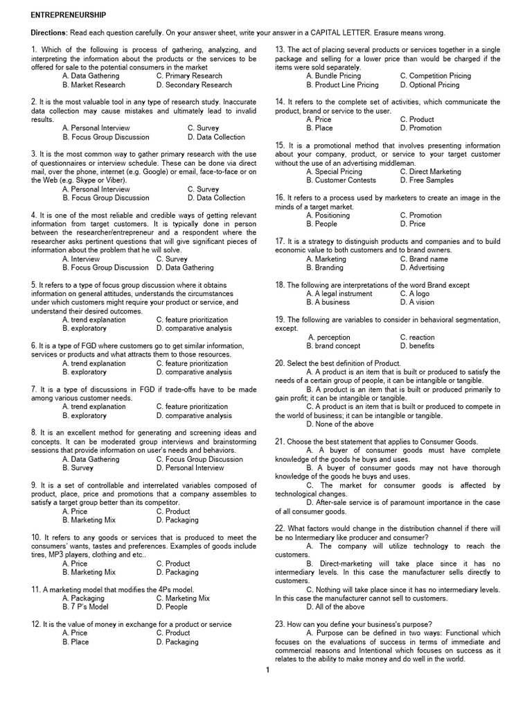 Entrepreneurship Test | PDF | Product (Business) | Supply Chain