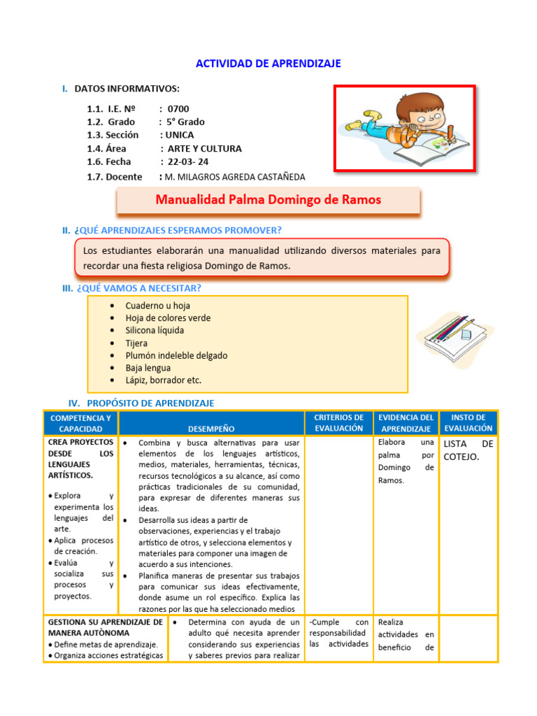 D5 A2 SESION ARTE Manualidad Palma Domingo de Ramos | PDF | Evaluación | Aprendizaje