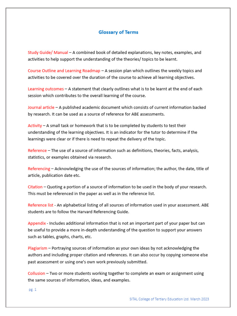 Glossary of Terms For ABE Students | PDF | Information | Plagiarism