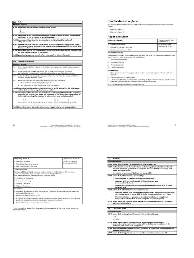 Edexcel IGCSE Chemistry Specification | PDF | Alkane | Ester