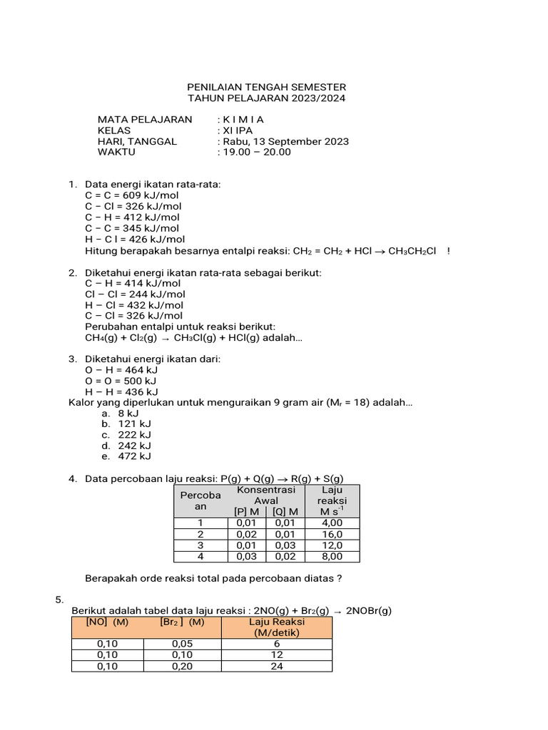 SOAL PTS KIMIA XI IPA GENZA Fix | PDF