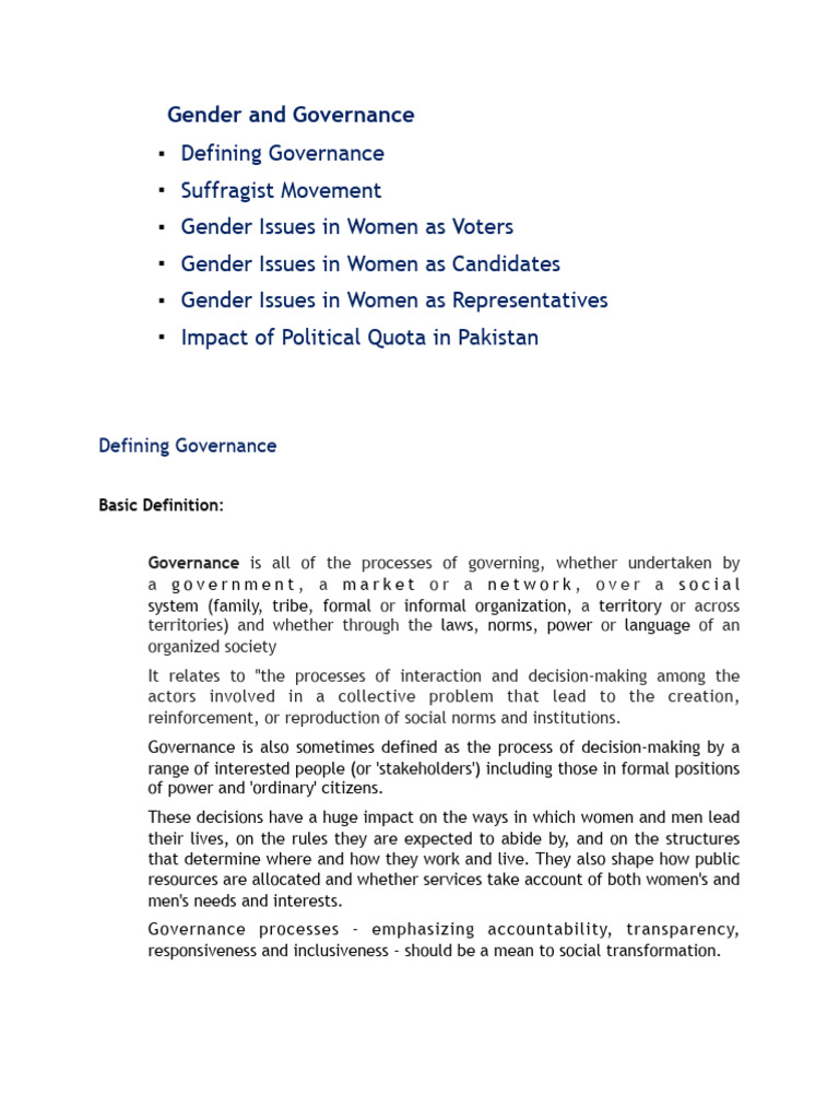 Gender Equality in Governance Processes | PDF | Governance | Political ...