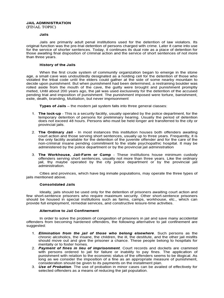 Jail Administration (Final Topic) | PDF | Prison | Prisoner