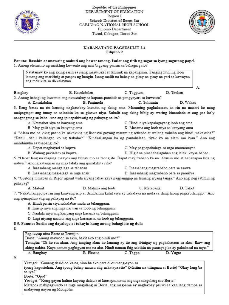 Kabanatang Pagsusulit 3.4 | PDF