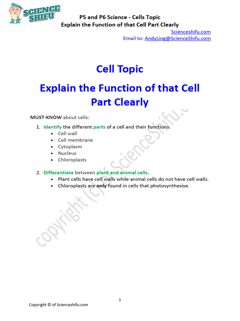 Science Revision Notes - Cells Topic - Explain The Function of The Cell ...