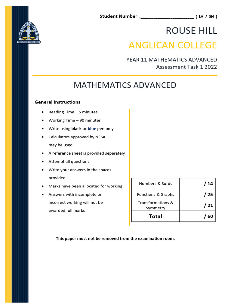 Year 11 Maths Advanced Assessment 2022 | PDF | Function (Mathematics ...