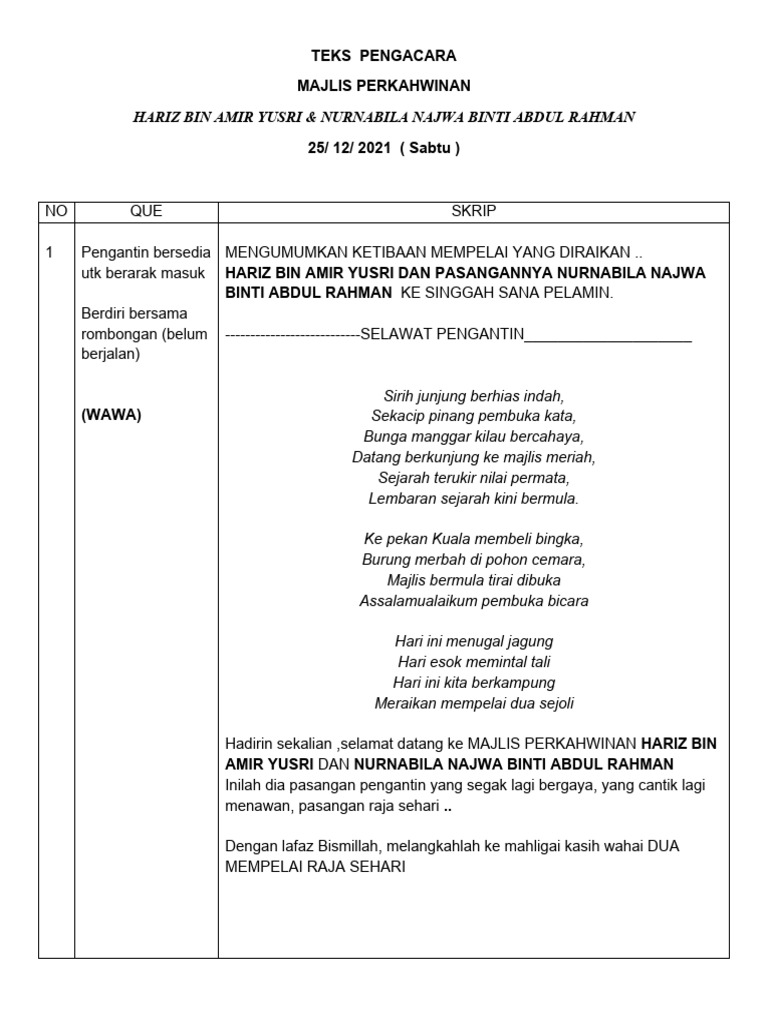 Skrip Pengacara Majlis Perkahwinan | PDF