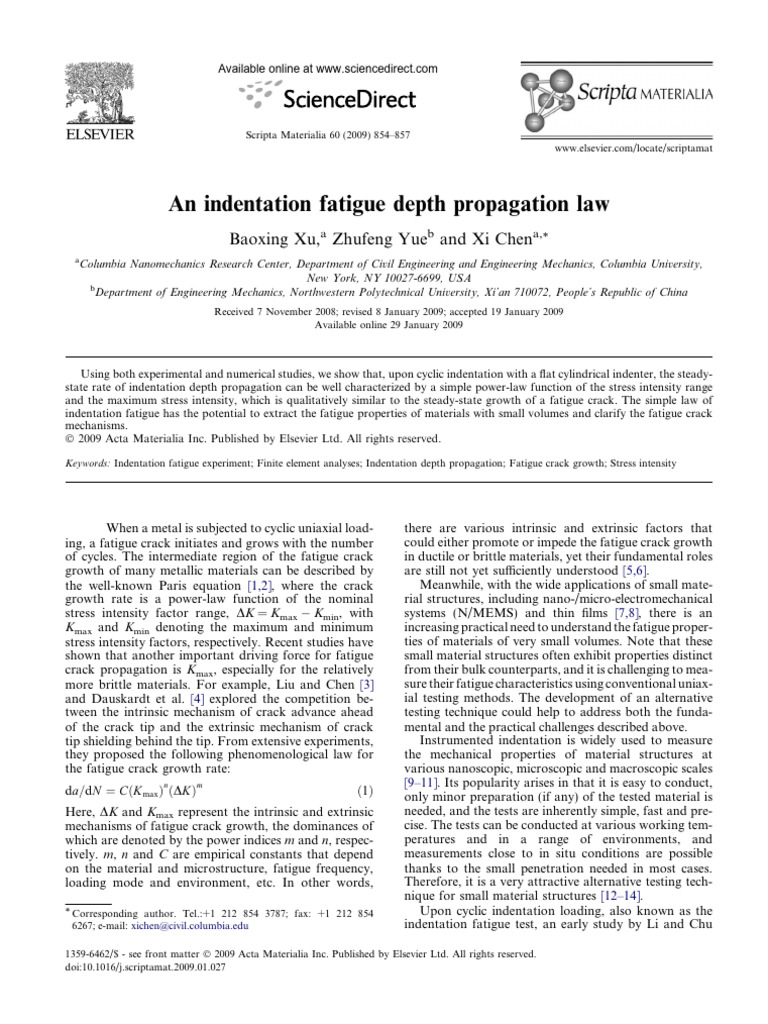 An Indentation Fatigue Depth Propagation Law | PDF | Fatigue (Material) | Fracture