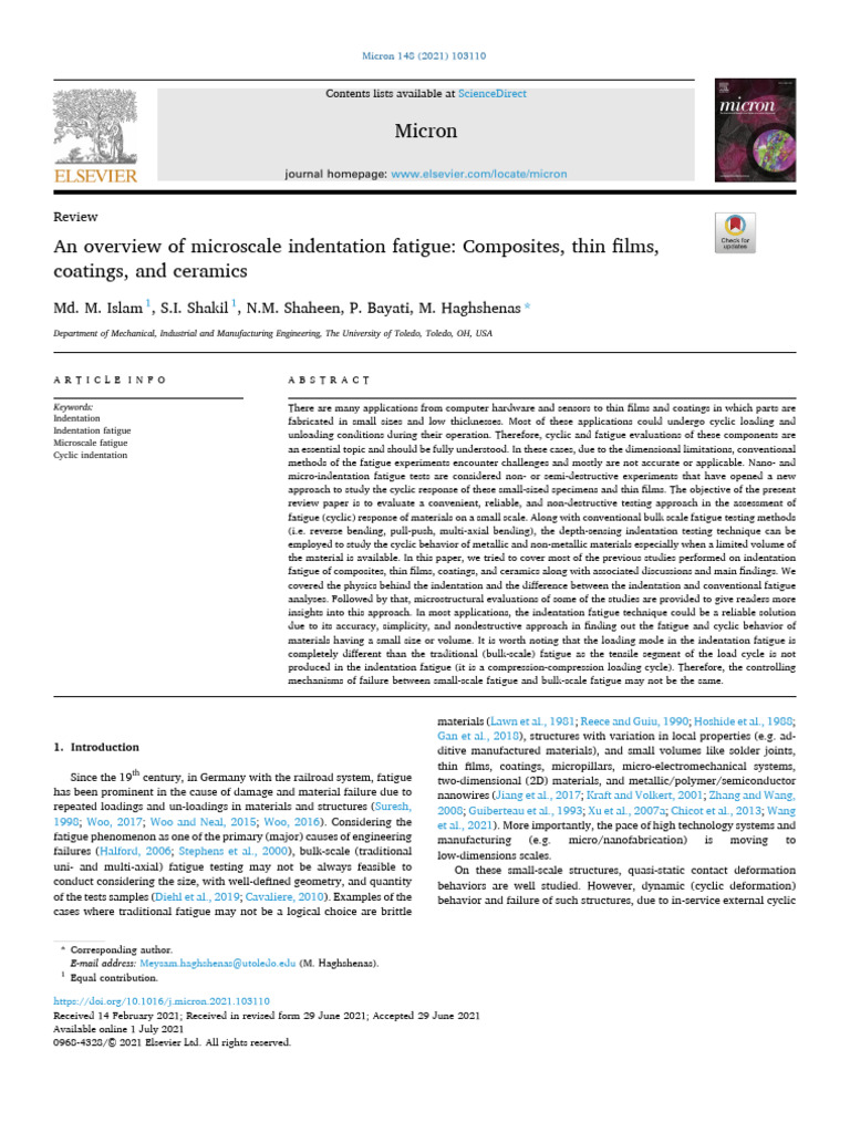 Microscale Indentation Fatigue Review | PDF | Fatigue (Material) | Fracture