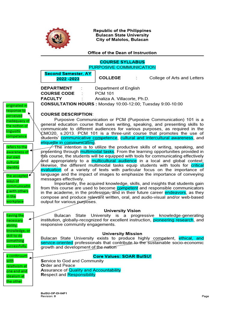Purposive Communication Syllabus | PDF | Reading Comprehension ...