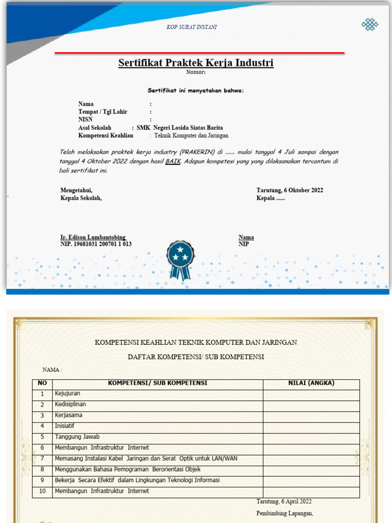 Sertifikat Praktek Kerja Industri | PDF