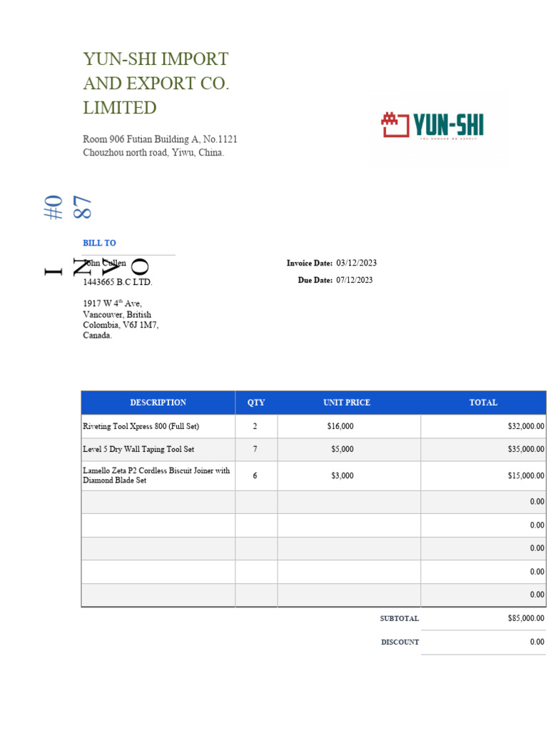 Invoice for Tools from YUN-SHI CO. | PDF